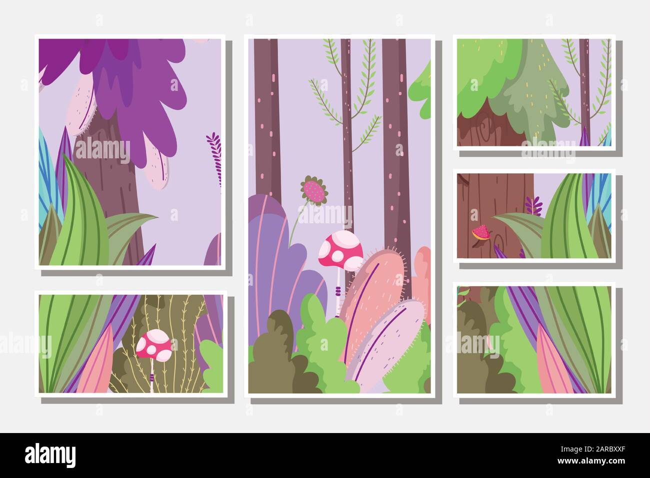 landscape nature foliage flower mushroom bush theme cards vector ...