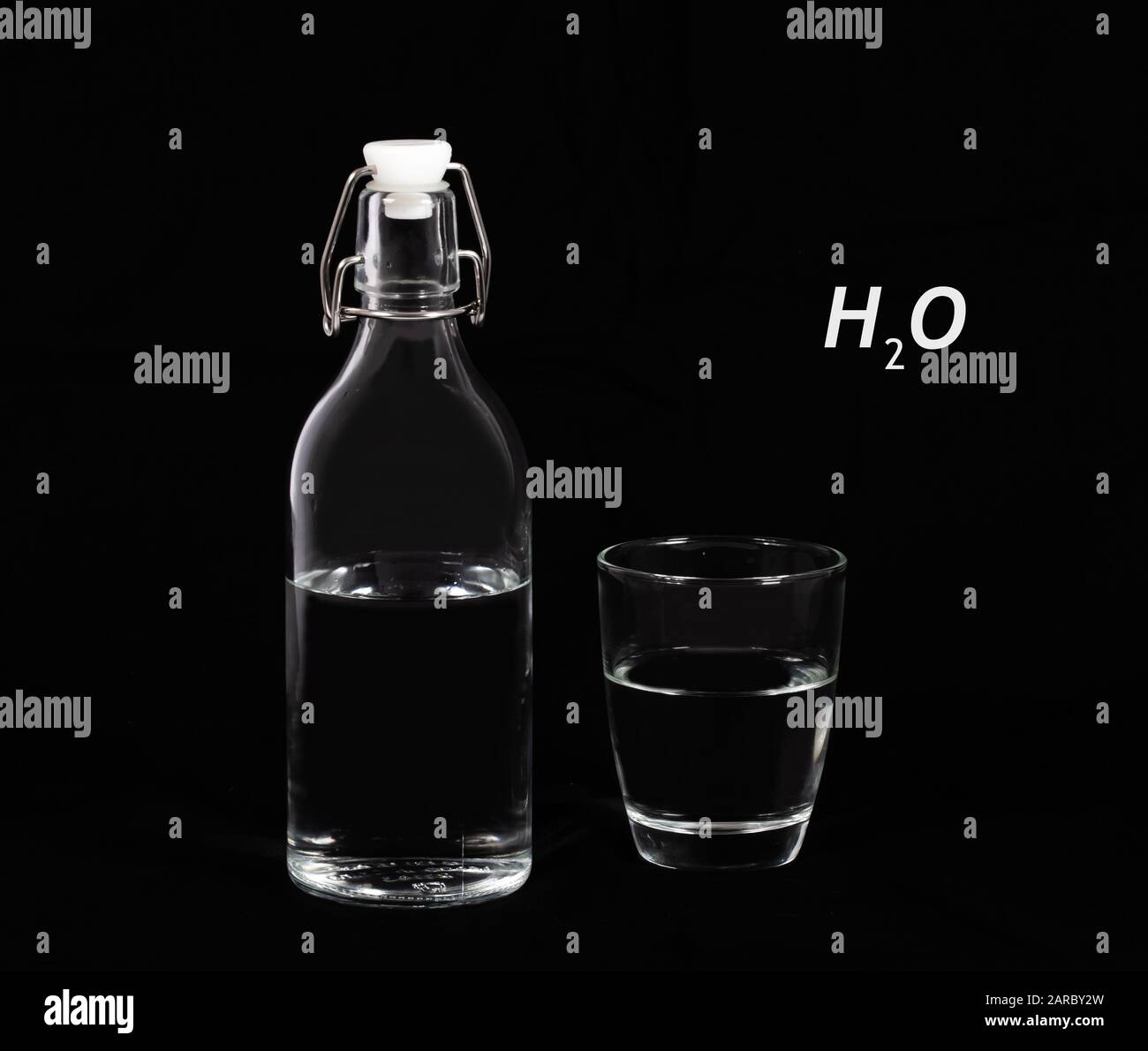 Clear bottle of water and a glass on black background with H2O formula ...