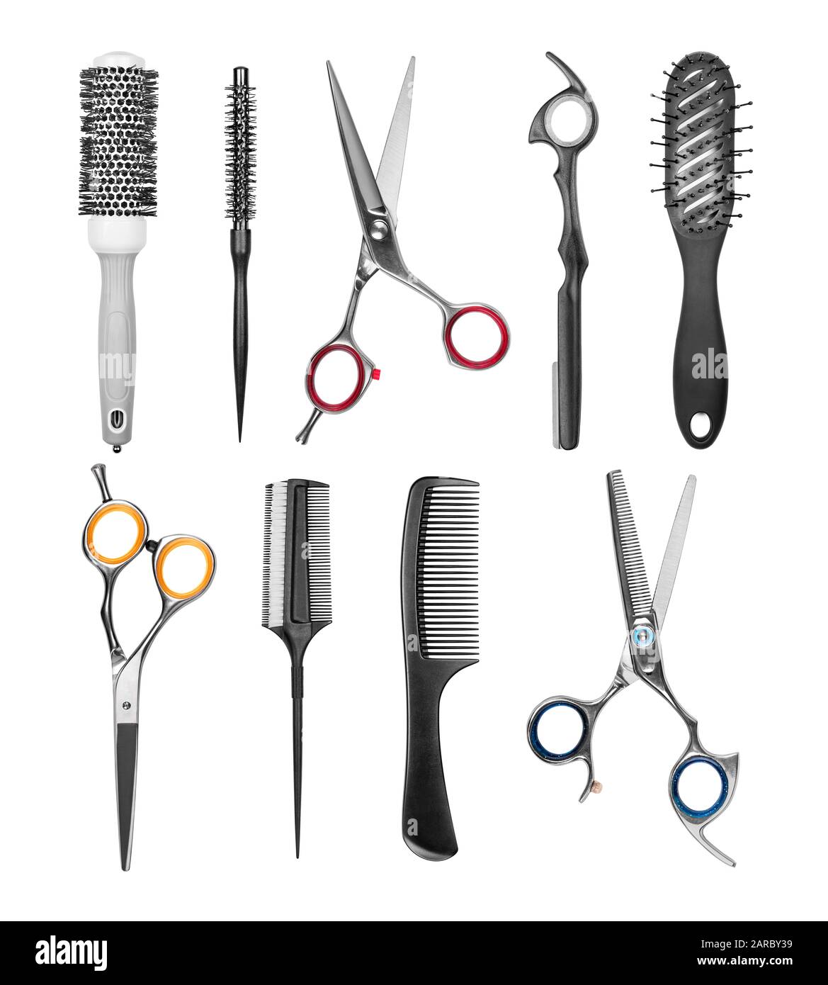 collection of professional hair brushes and scissors isolated on the ...
