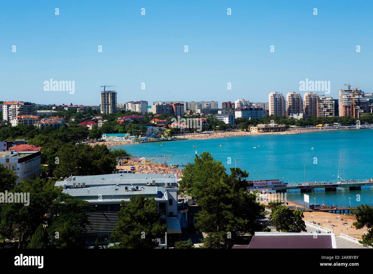 The Central beach of Gelendzhik resort with numerous sunbathers on the ...