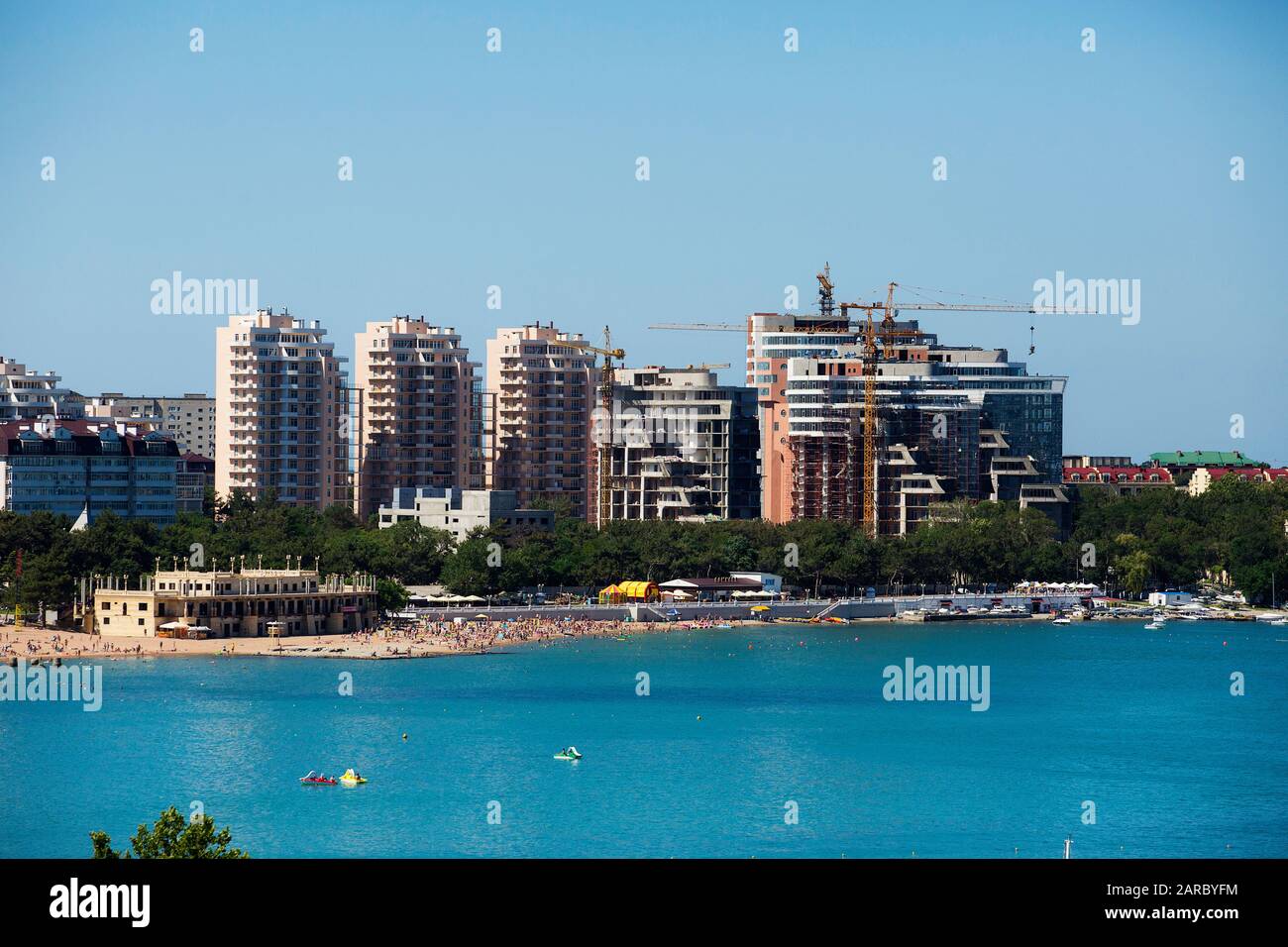 The Central beach of Gelendzhik resort with numerous sunbathers on the ...