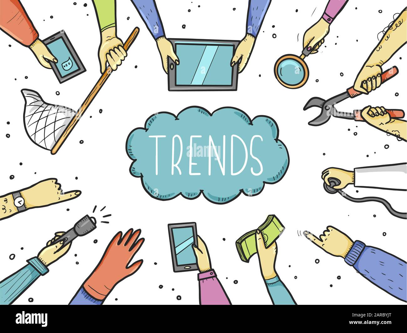 Hand drawn doodle style hands with different elements, tablet ...