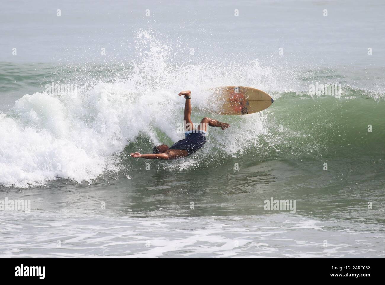 Surfer wipe out in a glassy wave. Sabang Beach is one of the exciting ...