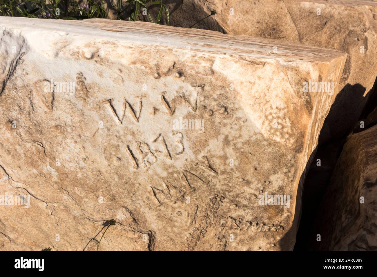Sounion, Greece. Carved inscription in a stone in the Temple of ...