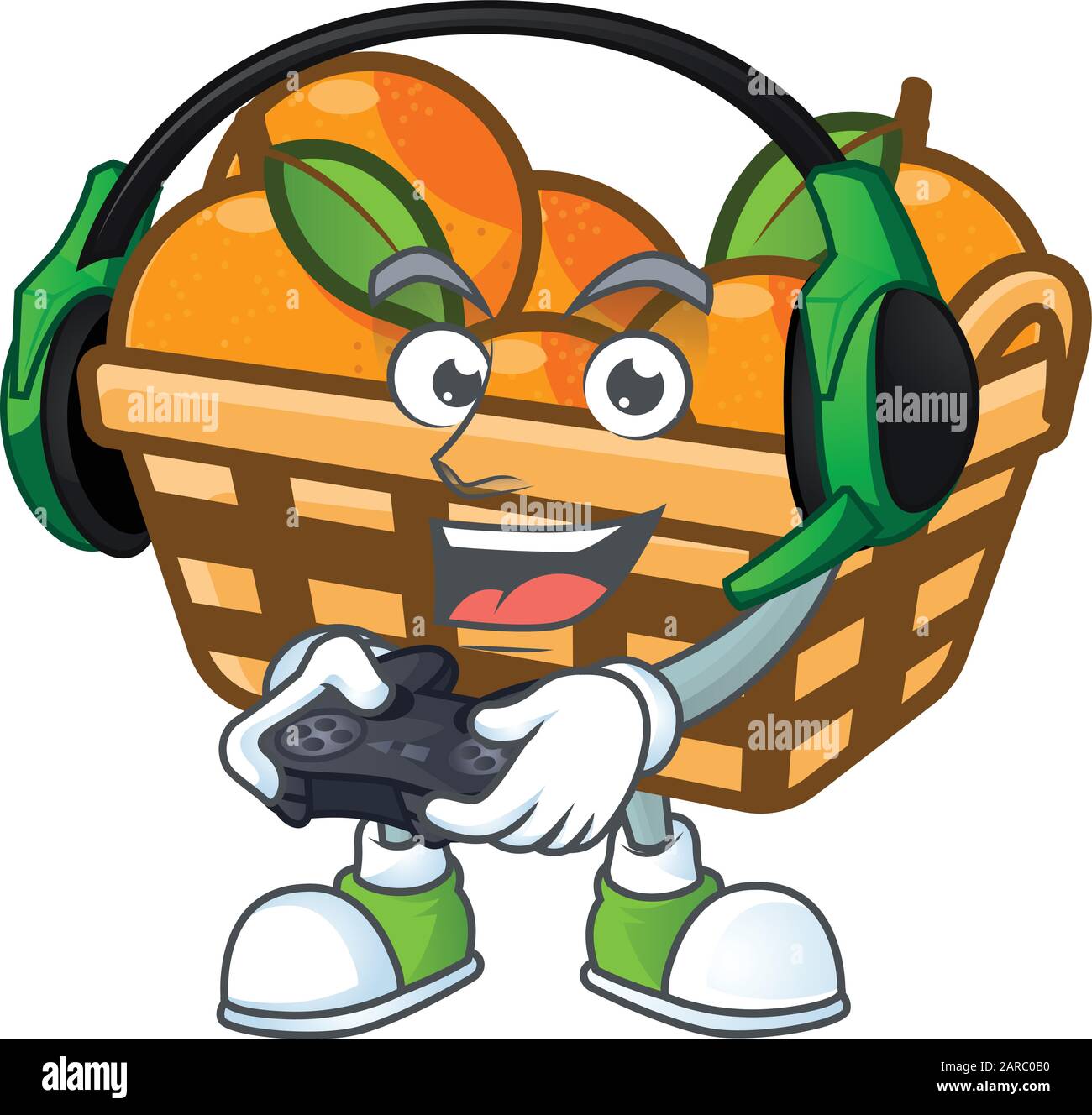 Cool basket oranges cartoon mascot with headphone and controller Stock ...