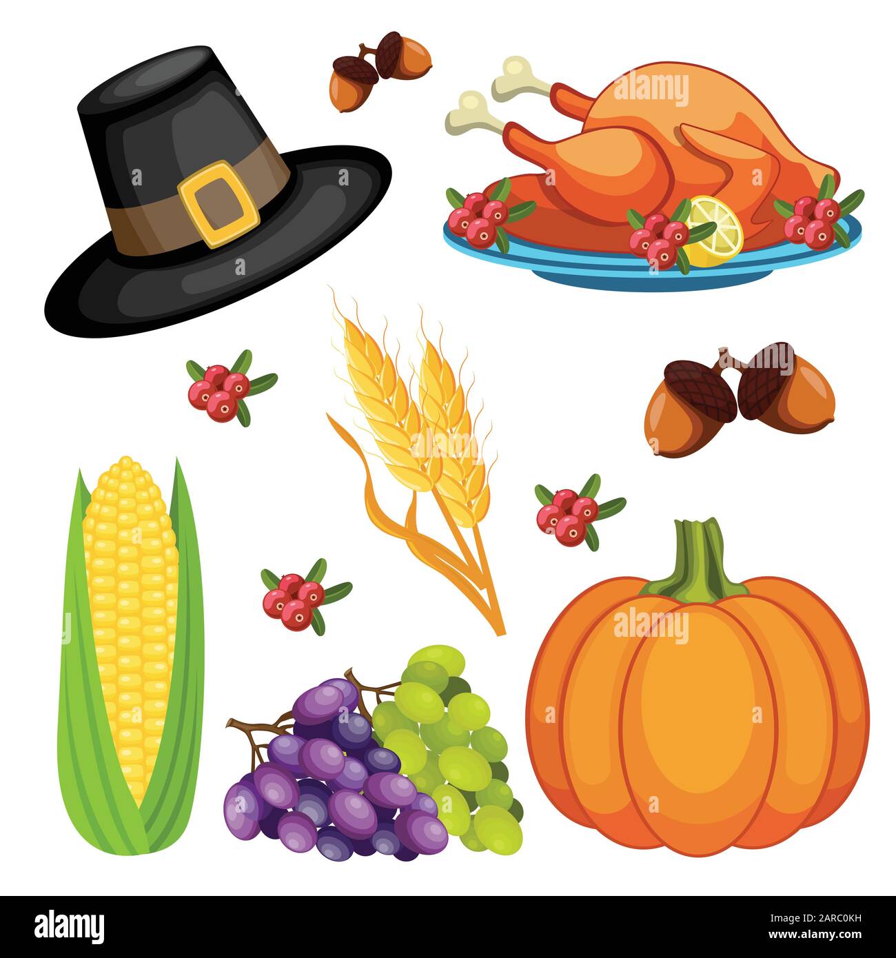 Thanksgiving day icons set. Piligrim hat, acorns, turkey, grapes ...