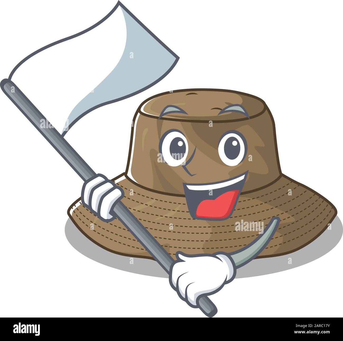 Funny bucket hat cartoon character style holding a standing flag Stock ...