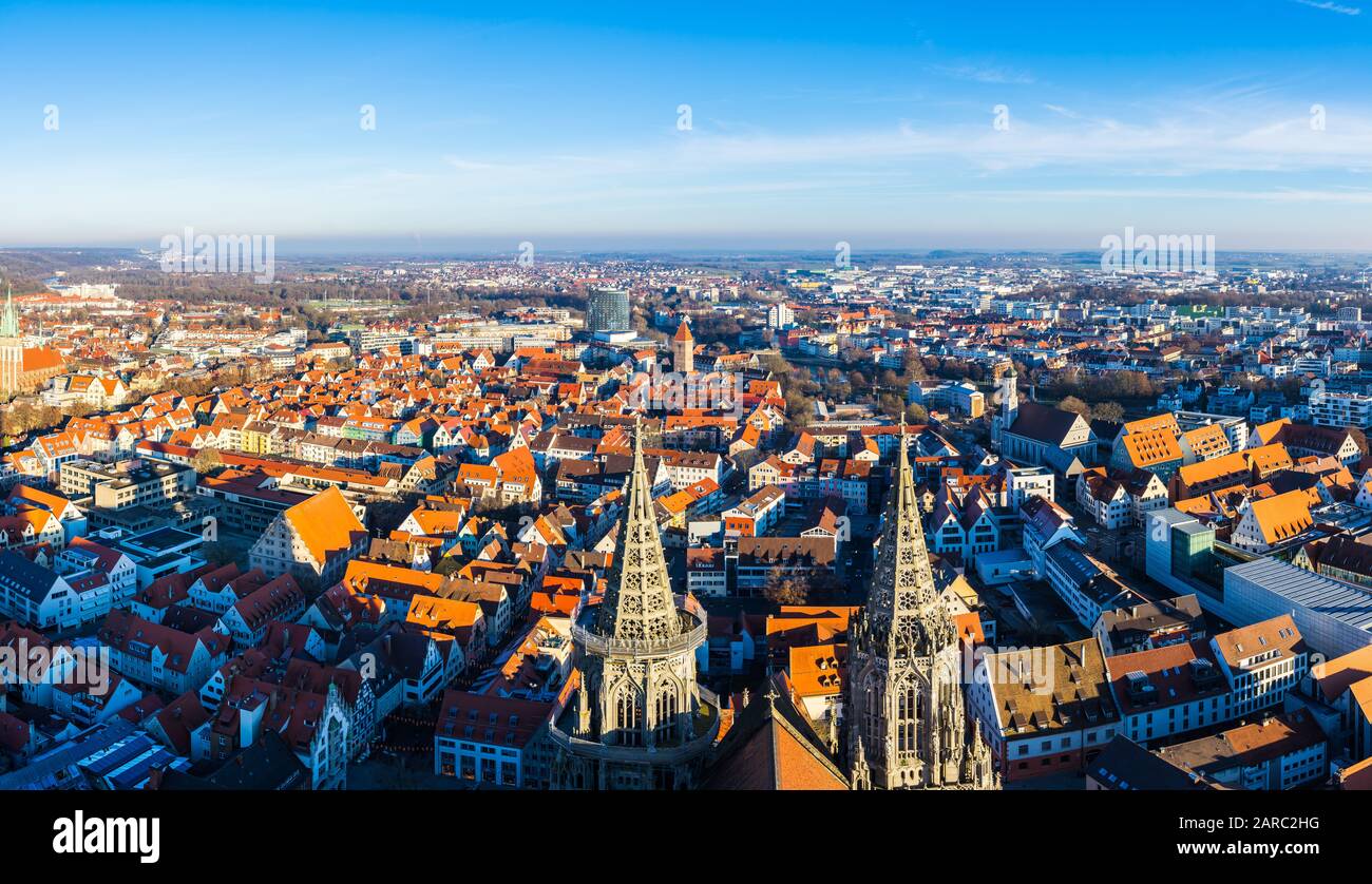 Ulm, Germany, December 29, 2019, XXL panorama view over skyline and ...