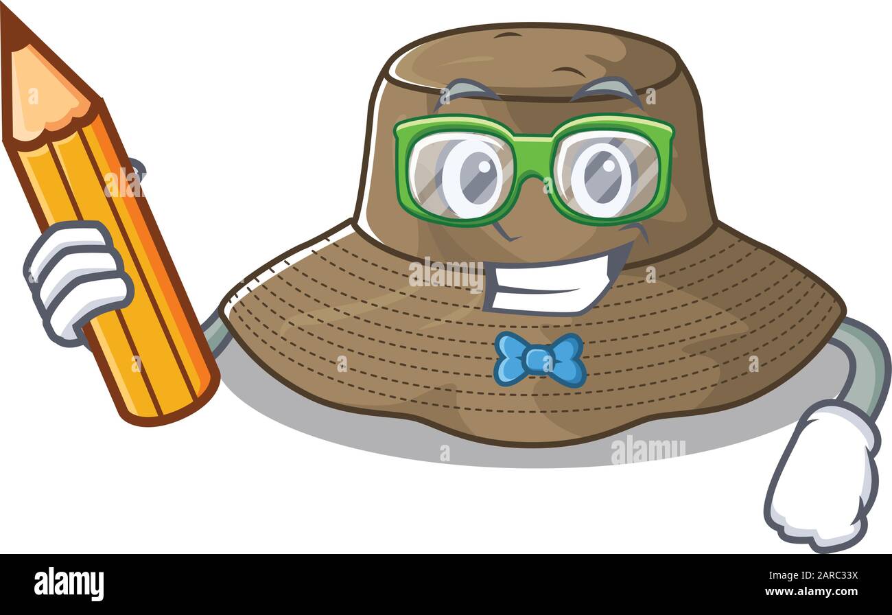 A picture of Student bucket hat character holding pencil Stock Vector ...