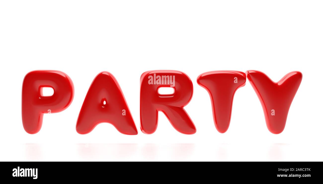 Party word. Sparkle and bubble red color text isolated on white ...