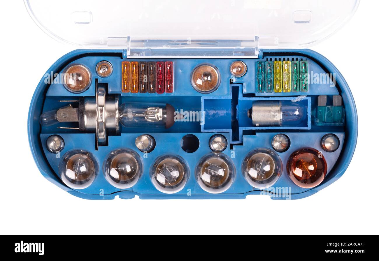 Assorted car light bulbs in a blue box, vintage, isolated on a white ...