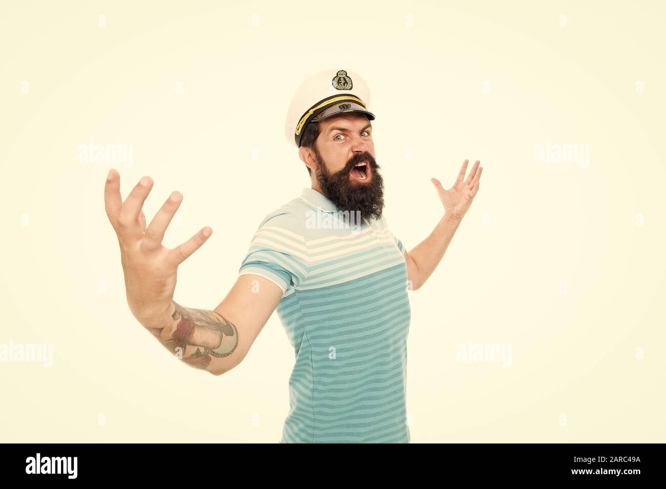 Sea gives me wings. Brutal sailor roar command. Sea captain isolated on ...