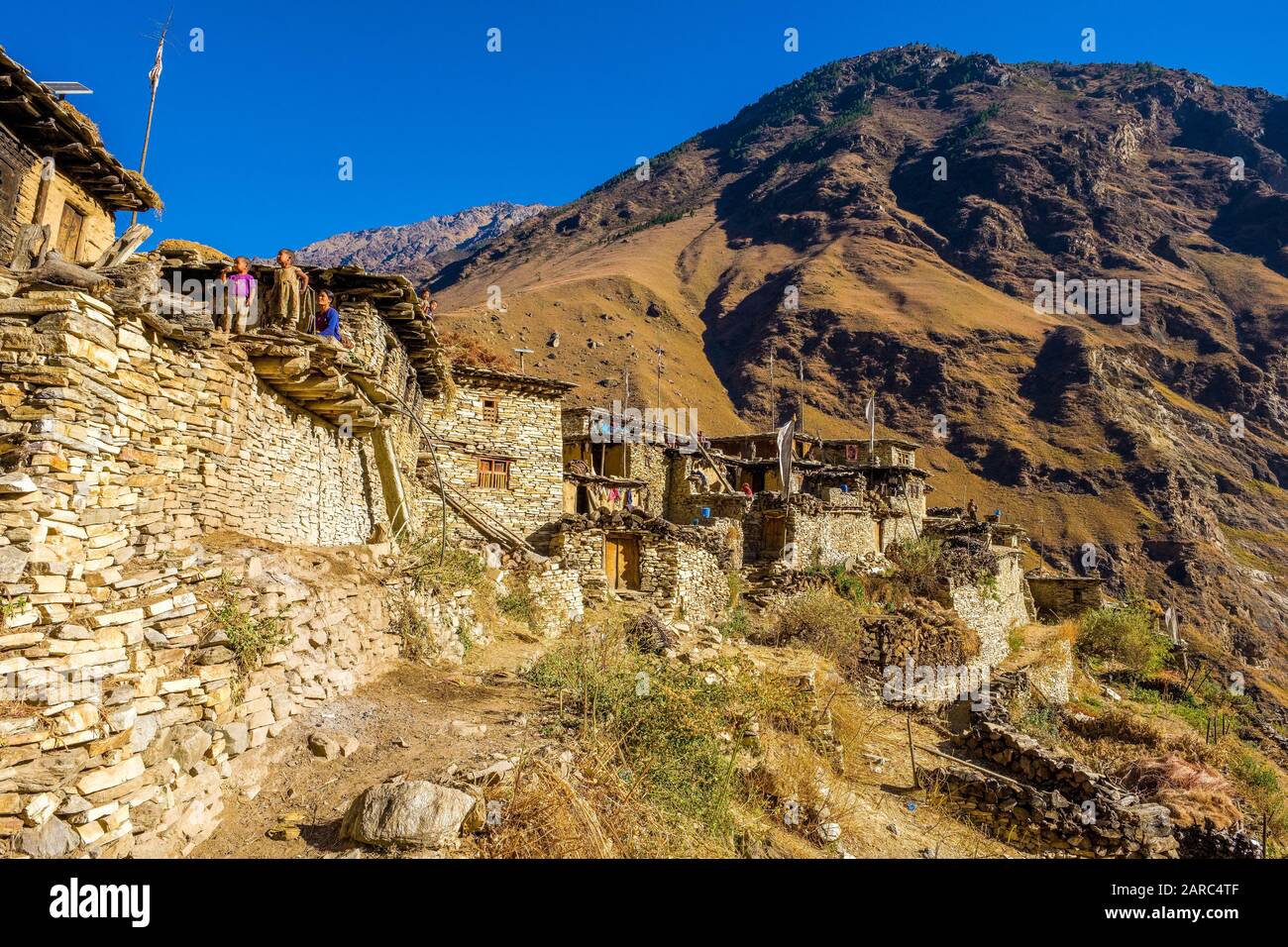 Ancient fortified Tibetan village of Tarakot in the Dolpo region of the ...