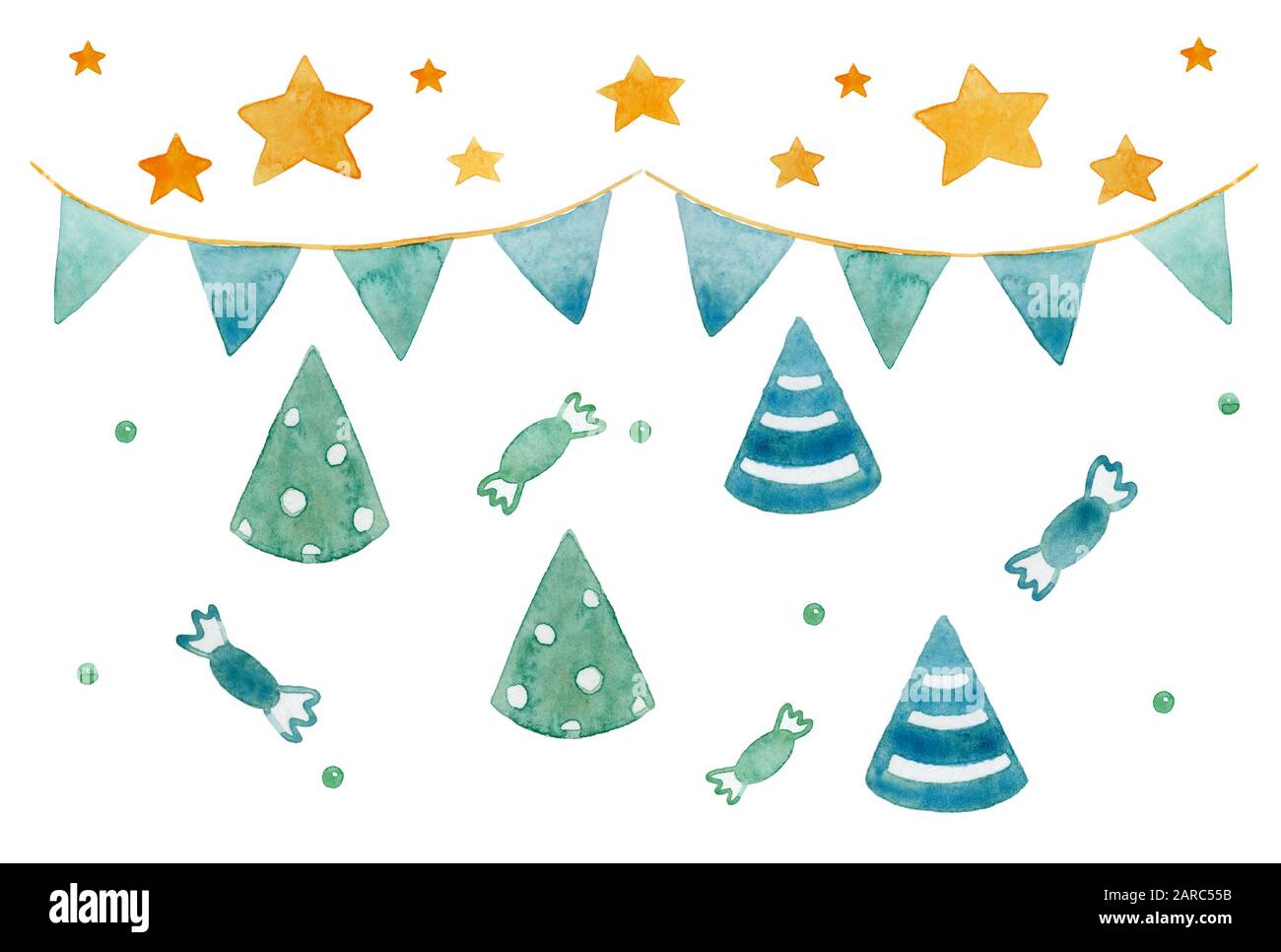 Watercolor Happy birthday set. Hand drawn vintage celebration objects ...