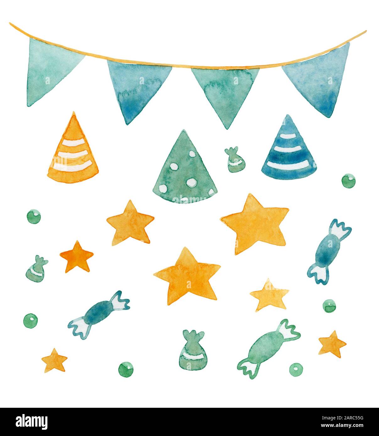 Watercolor Happy birthday set. Hand drawn vintage celebration objects ...