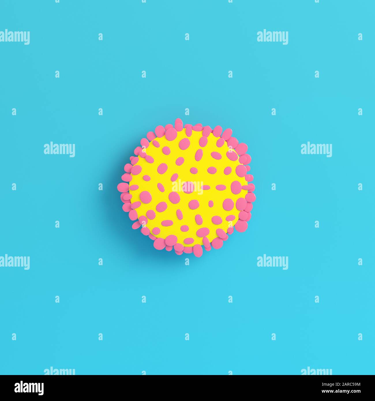 Yellow virus with blank lable on bright blue background in pastel ...