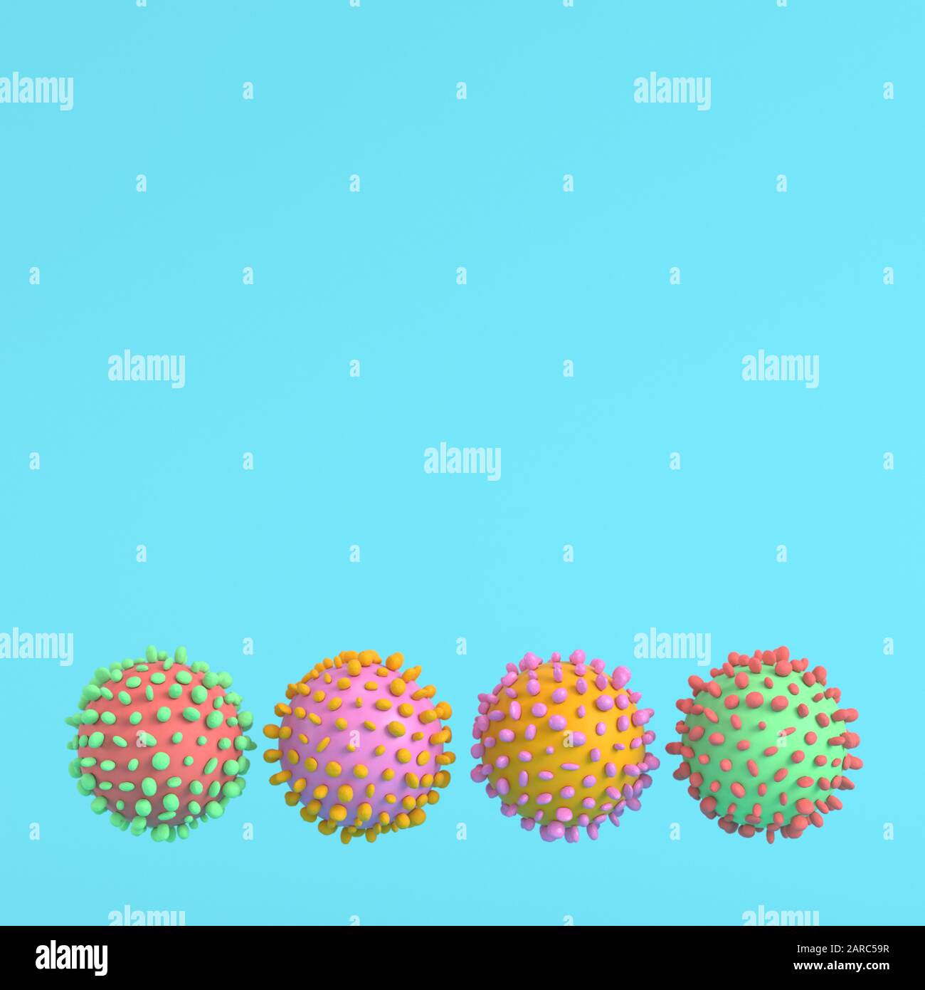 Four colorful viruses on bright blue background in pastel colors ...