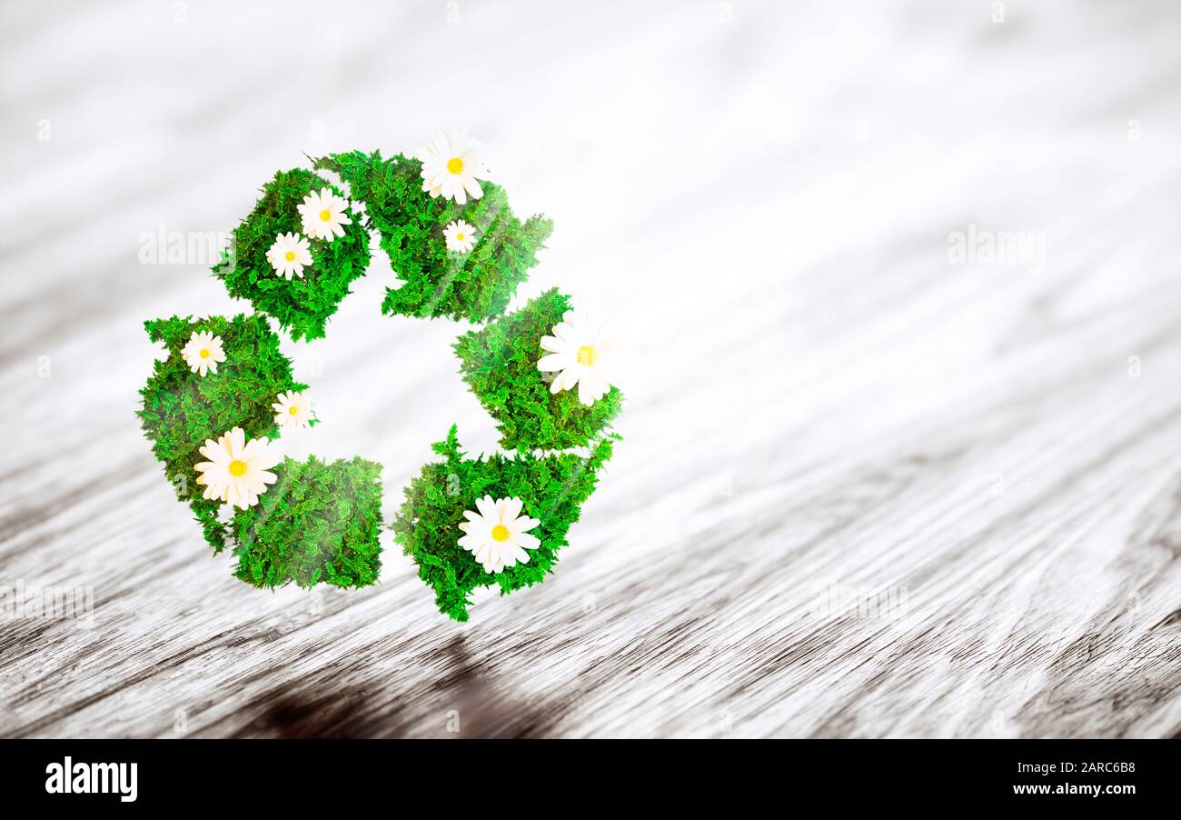 Green recycle sign with daisy flower on wooden desk. 3D illustration ...