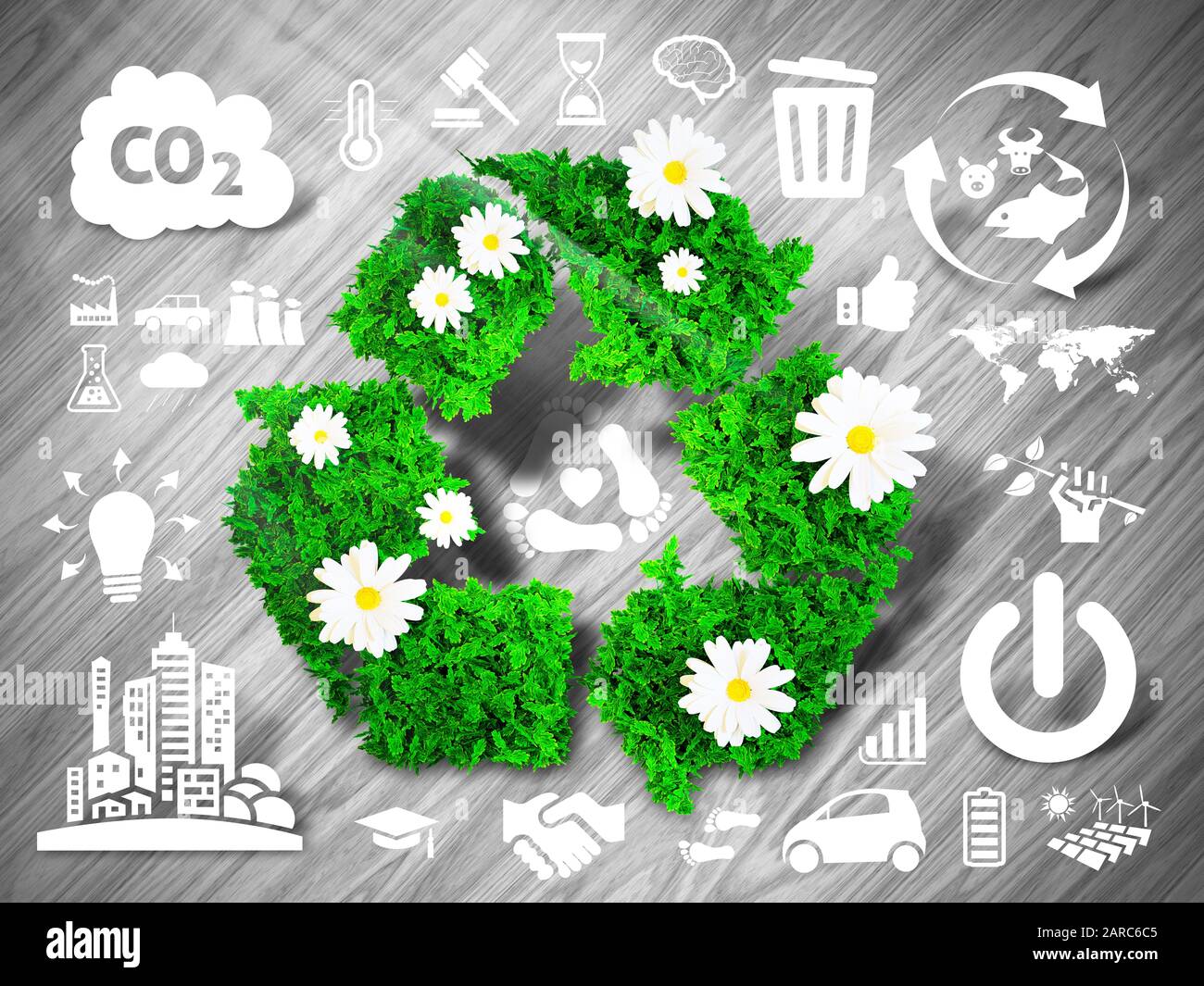 Green recycle sign on grey wooden background with eco related icons. 3D ...