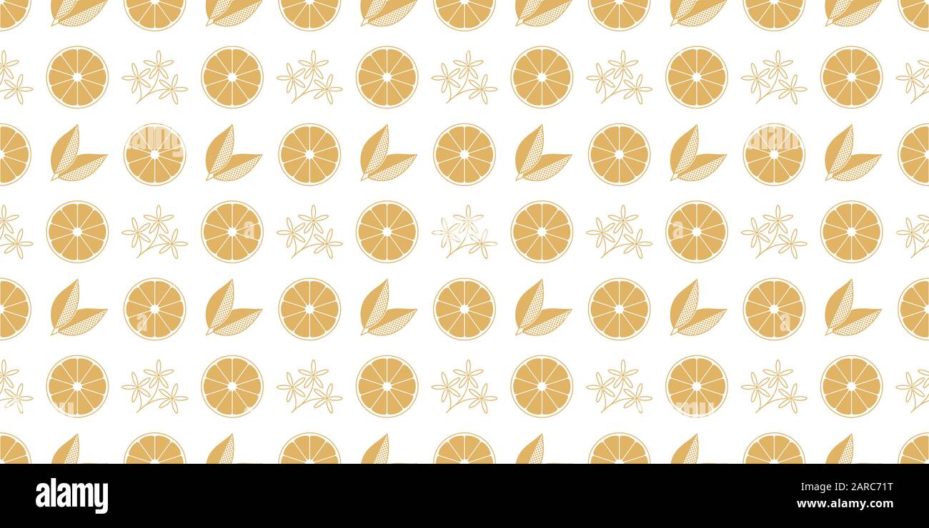 Golden seamless pattern with orange fruit slice, flower bloom and ...