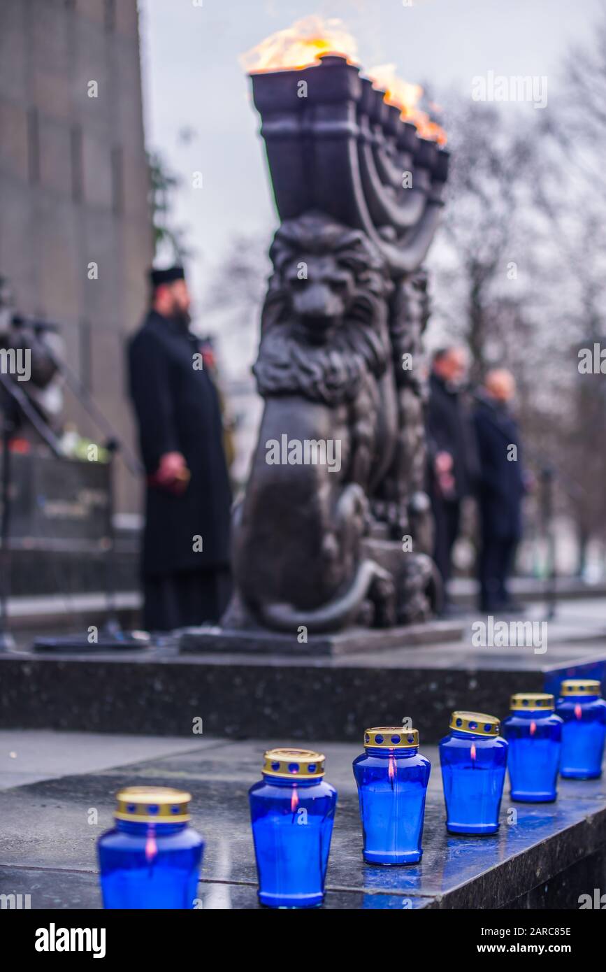 Warsaw, Poland - January 27th, 2020: Menorah with burning flame in ...