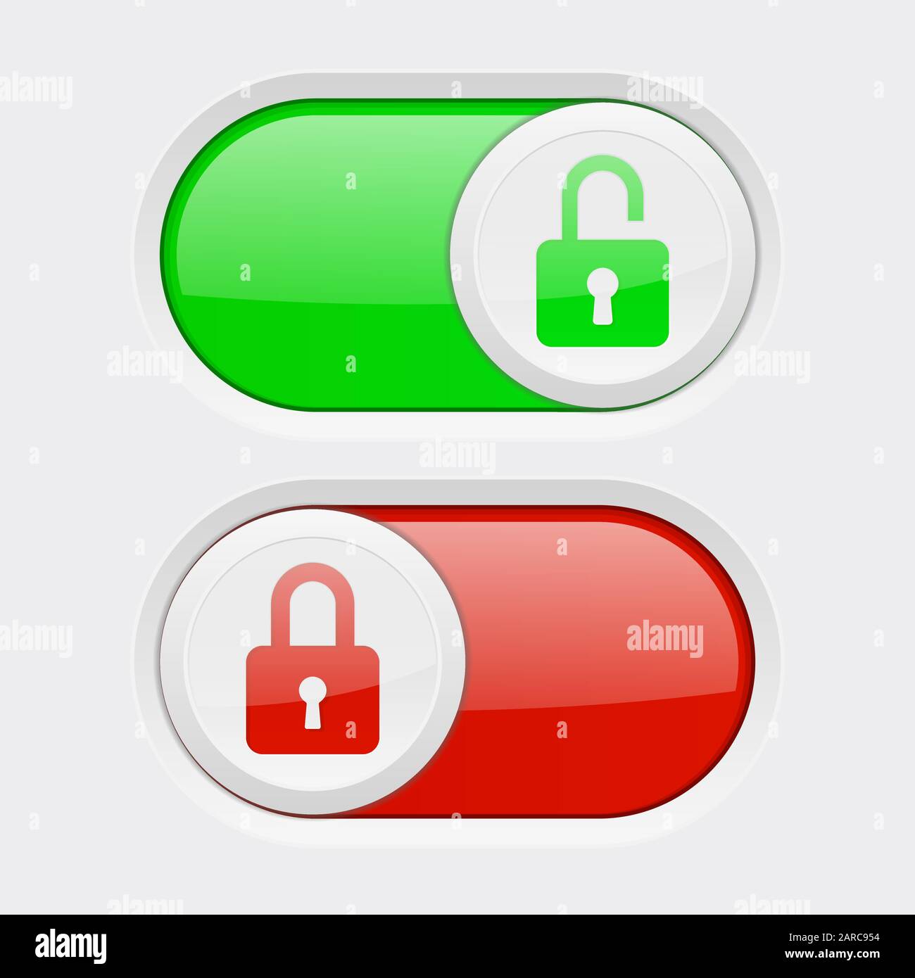 Closed and open buttons. Toggle switch red and green buttons. Vector 3d ...