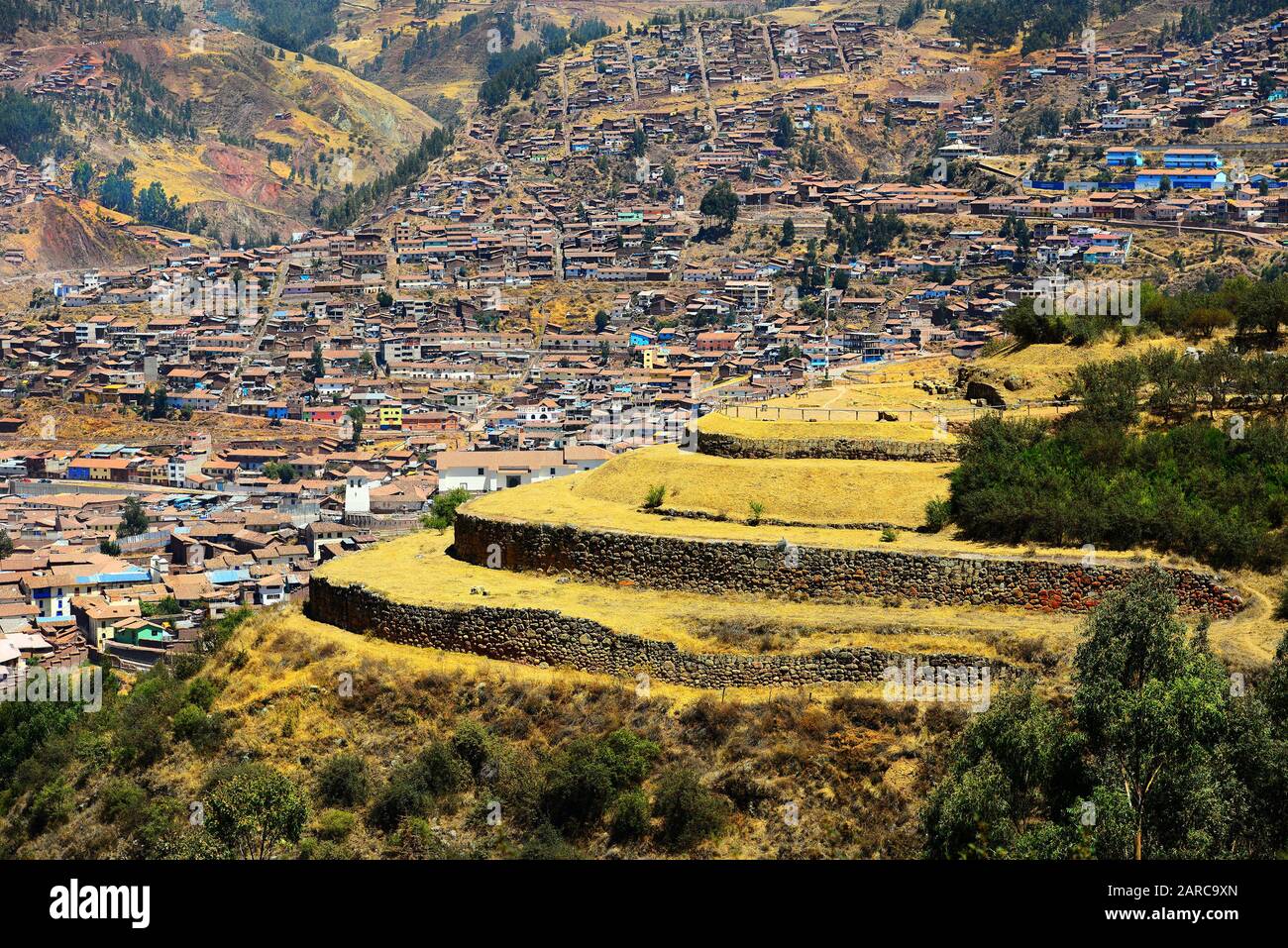 Ancient Inca terraces covered with yellow dry grass in September Stock ...