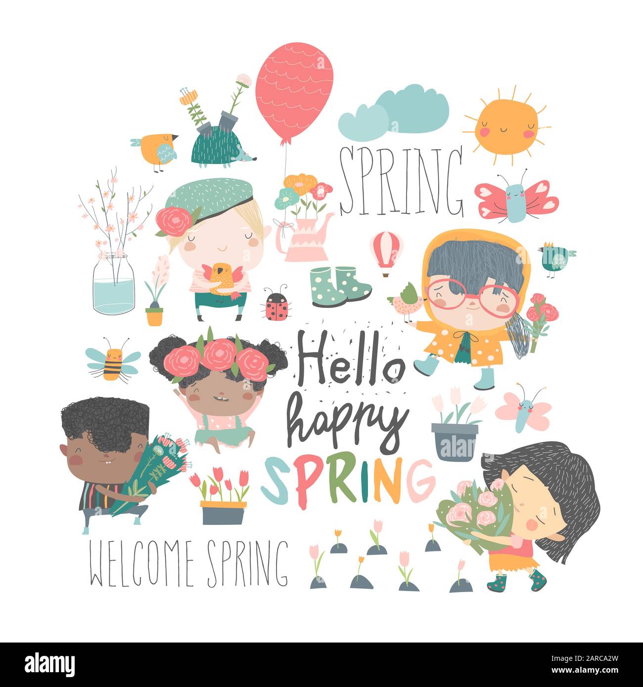 Set of cartoon children and spring elements Stock Vector Image & Art ...