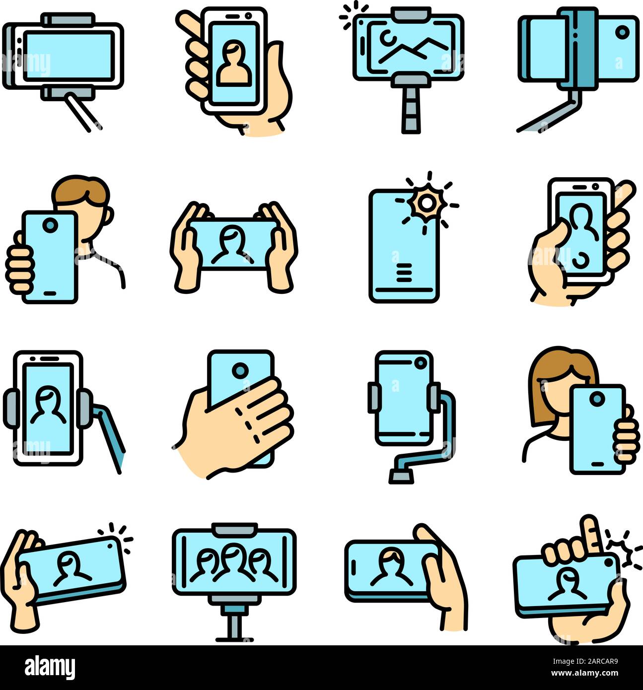 Selfie icons set. Outline set of selfie vector icons for web design ...