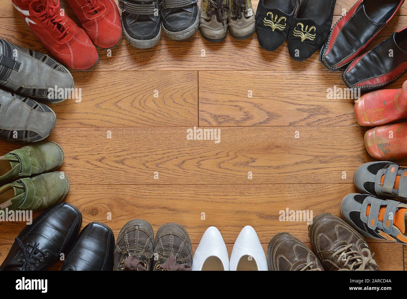 many pairs of different shoes standing in a circle as symbol for ...