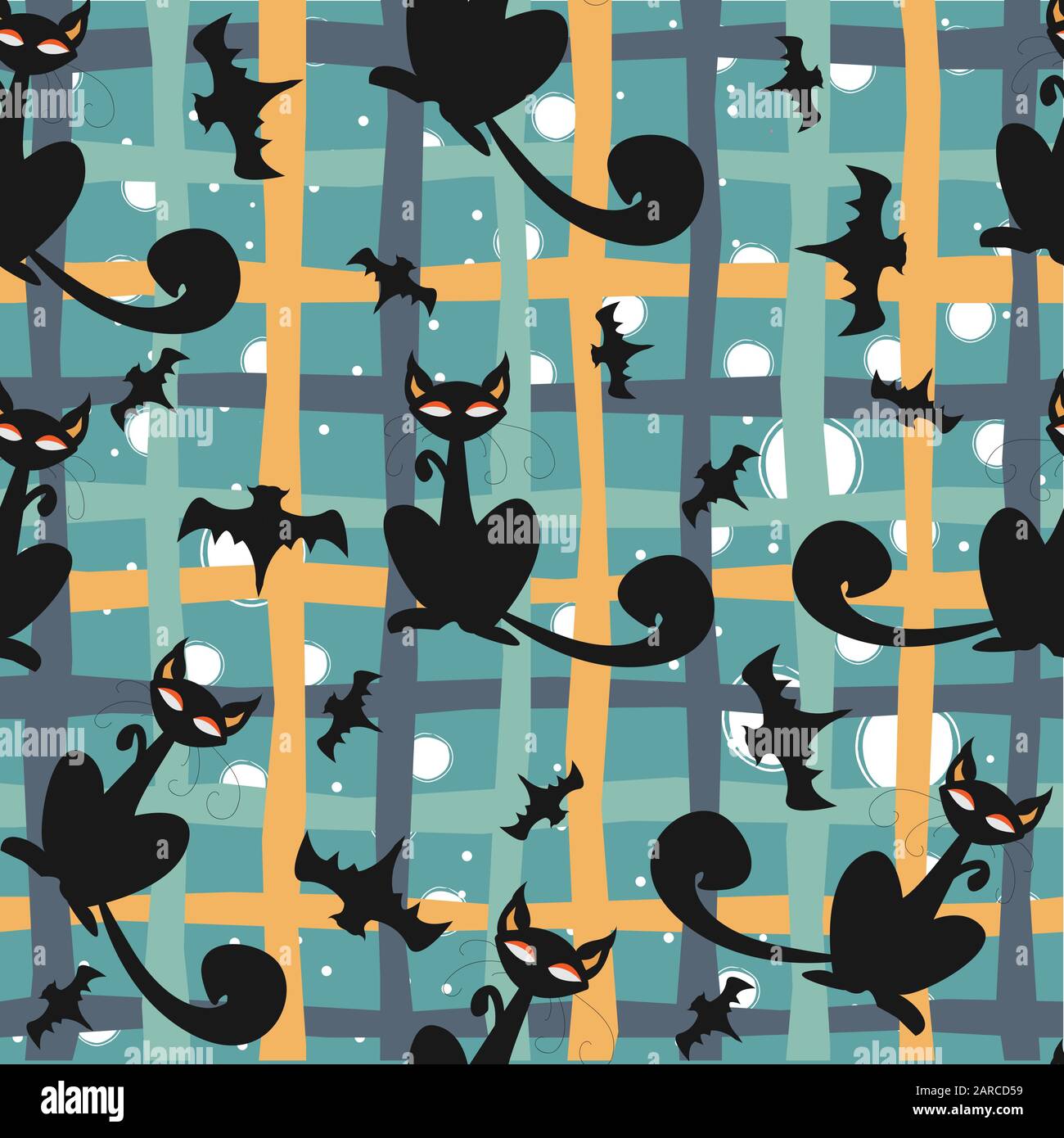 Seamless pattern of Halloween cats and bats in black, traditional ...