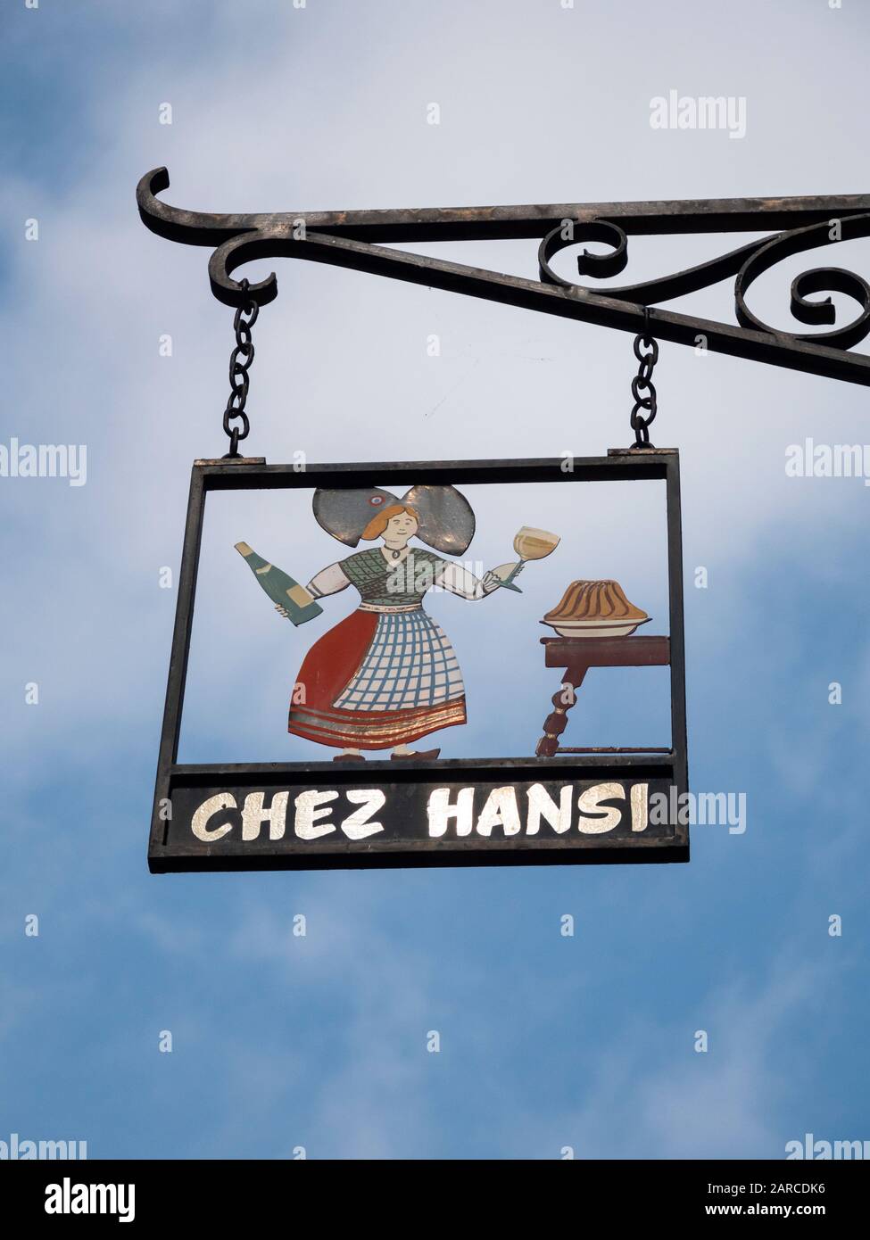 A traditional wrought iron sign in Colmar Alsace for the restaurant ...