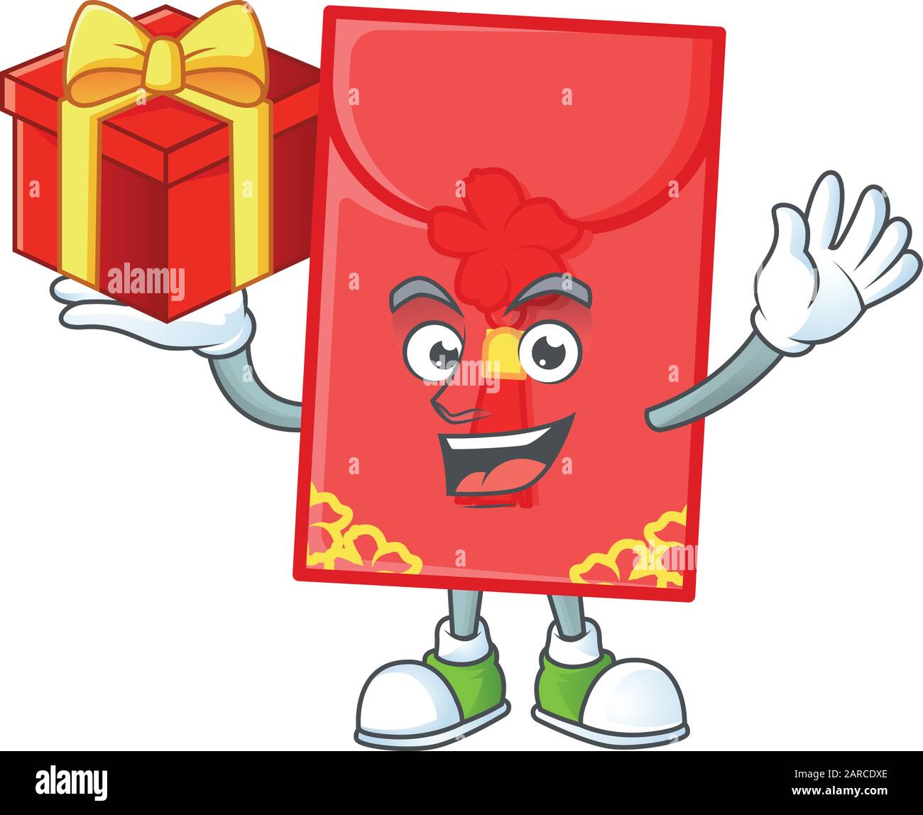 Happy face chinese envelope cartoon character having a box of gift ...