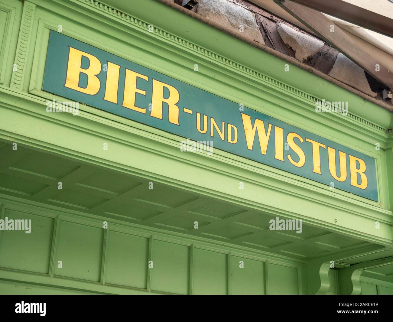 A sign for a restaurant in Alsace France for beer and winstub, or bier ...
