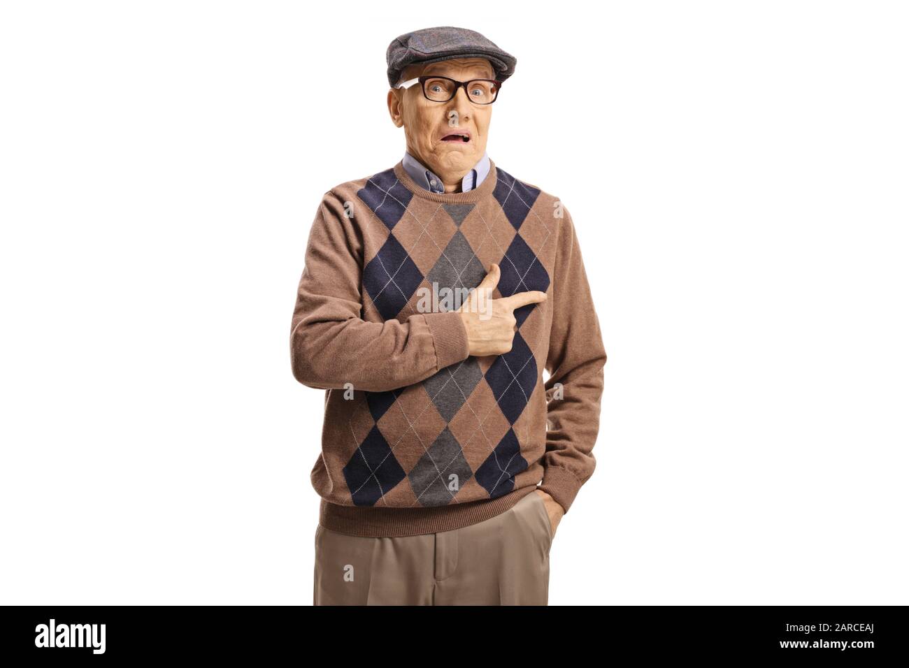 Scared senior man pointing isolated on white background Stock Photo - Alamy