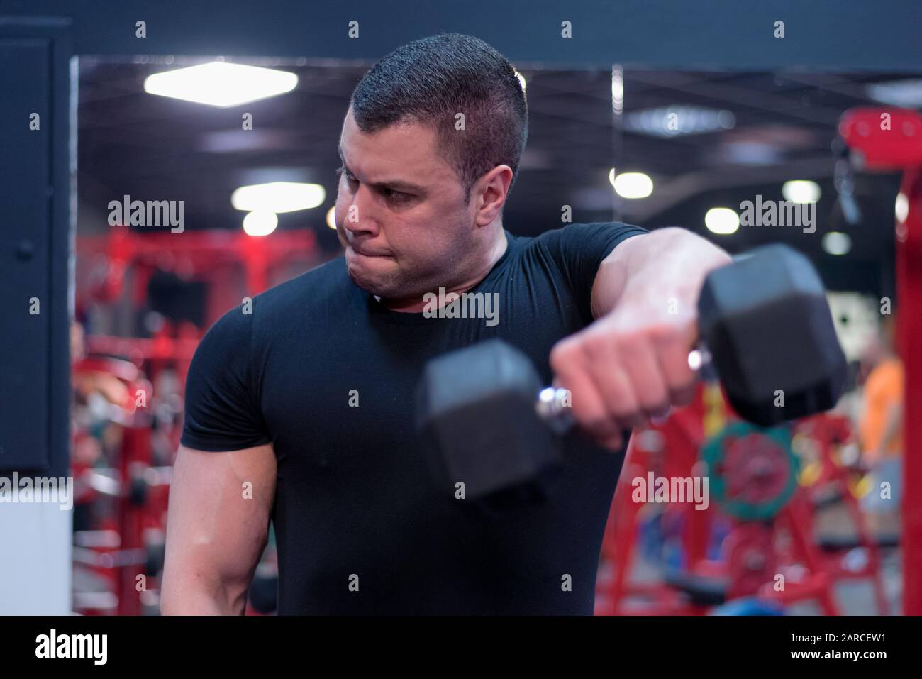 Hard Core Bodybuilding. Muscular athletic bodybuilder fitness model training arms with dumbbells ...