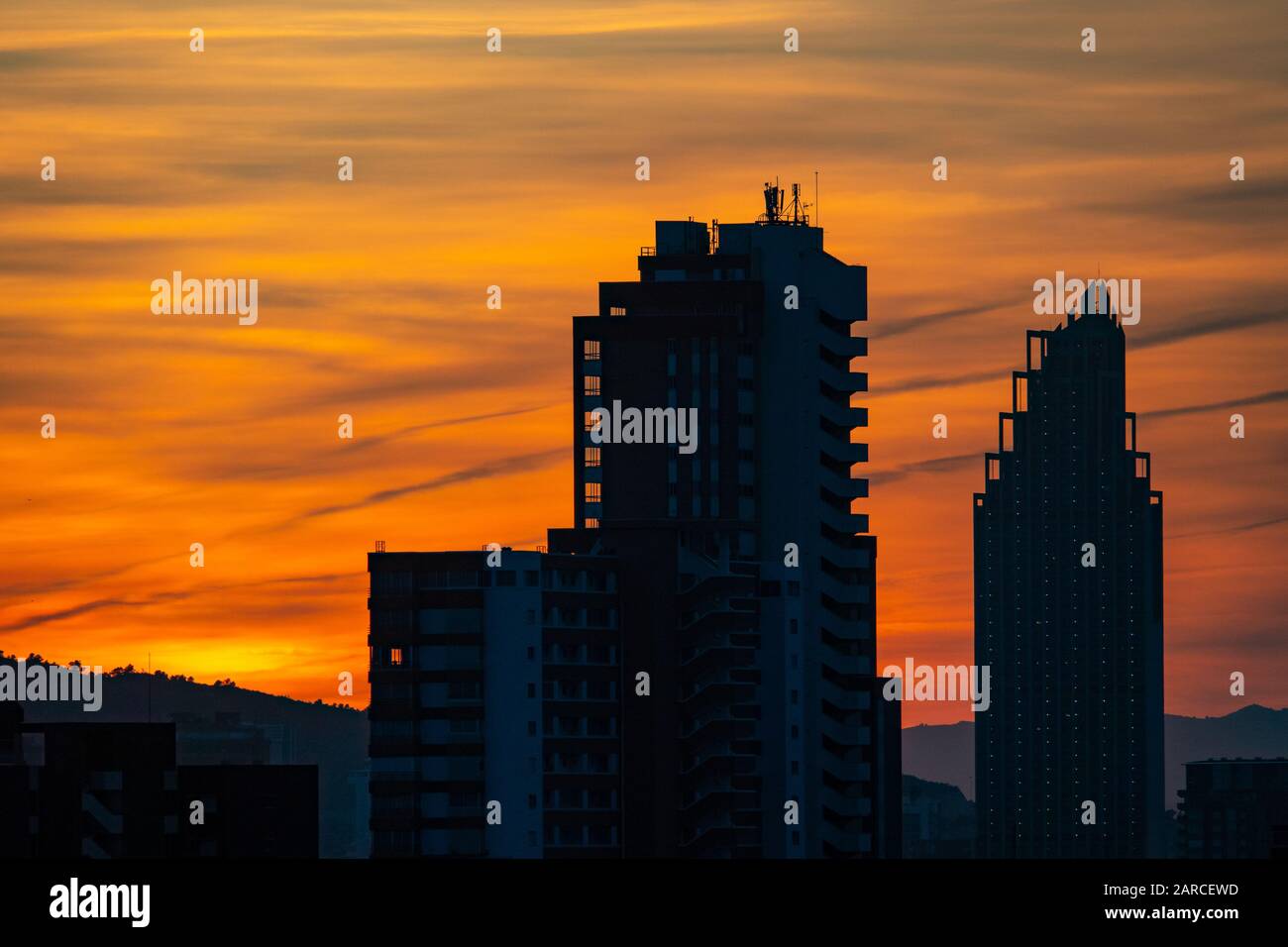 Sunset in Benidorm, Alicante Province, Costa Blanca, Spain Stock Photo ...