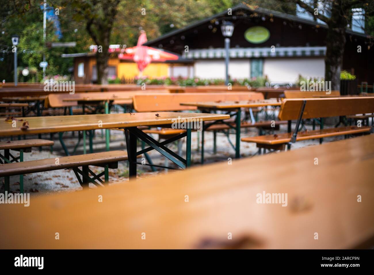 Wide angle shot of several benches and tables in an open area Stock ...