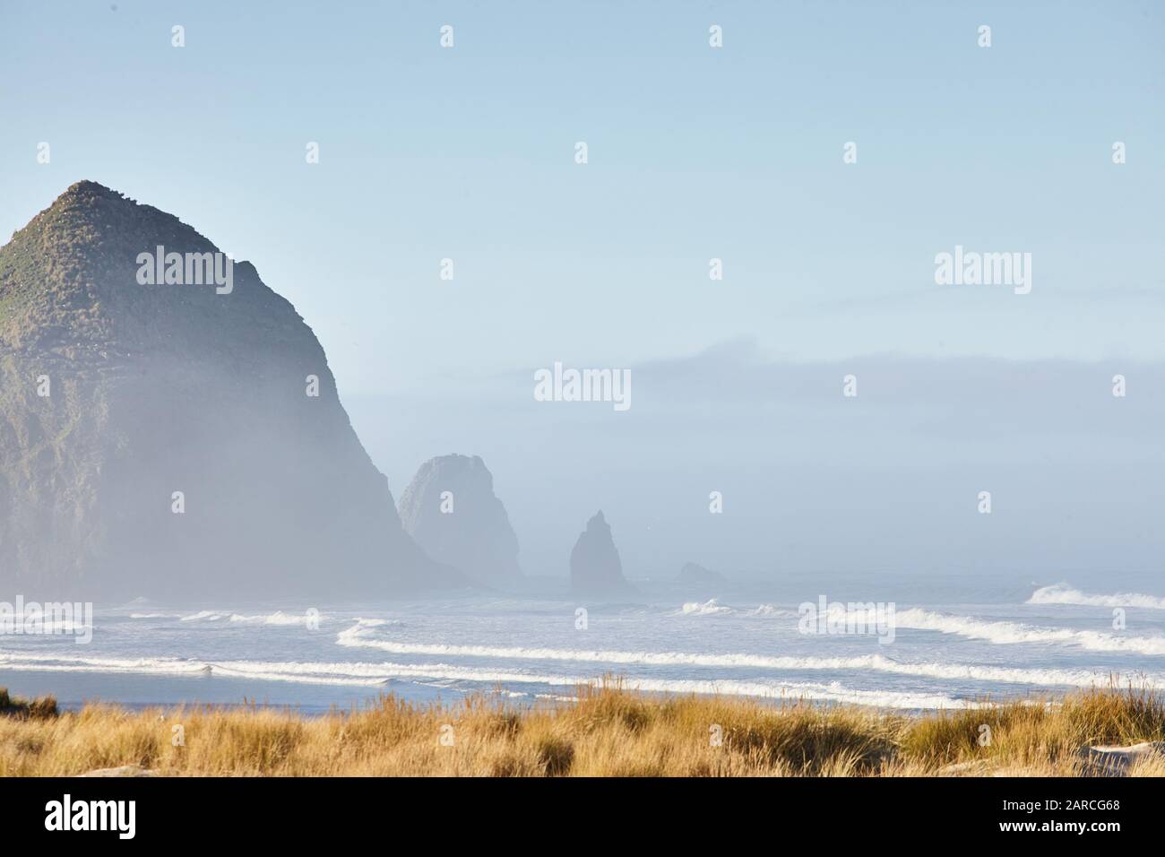 Scenery of the Haystack Rock in the morning fog at Cannon Beach, Oregon ...