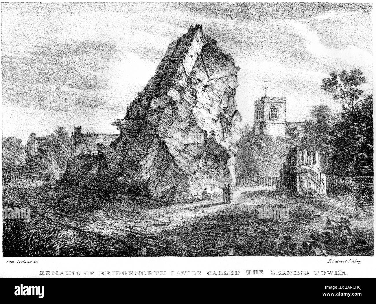 A lithograph of Remains of Bridgenorth (Bridgnorth) Castle called the ...