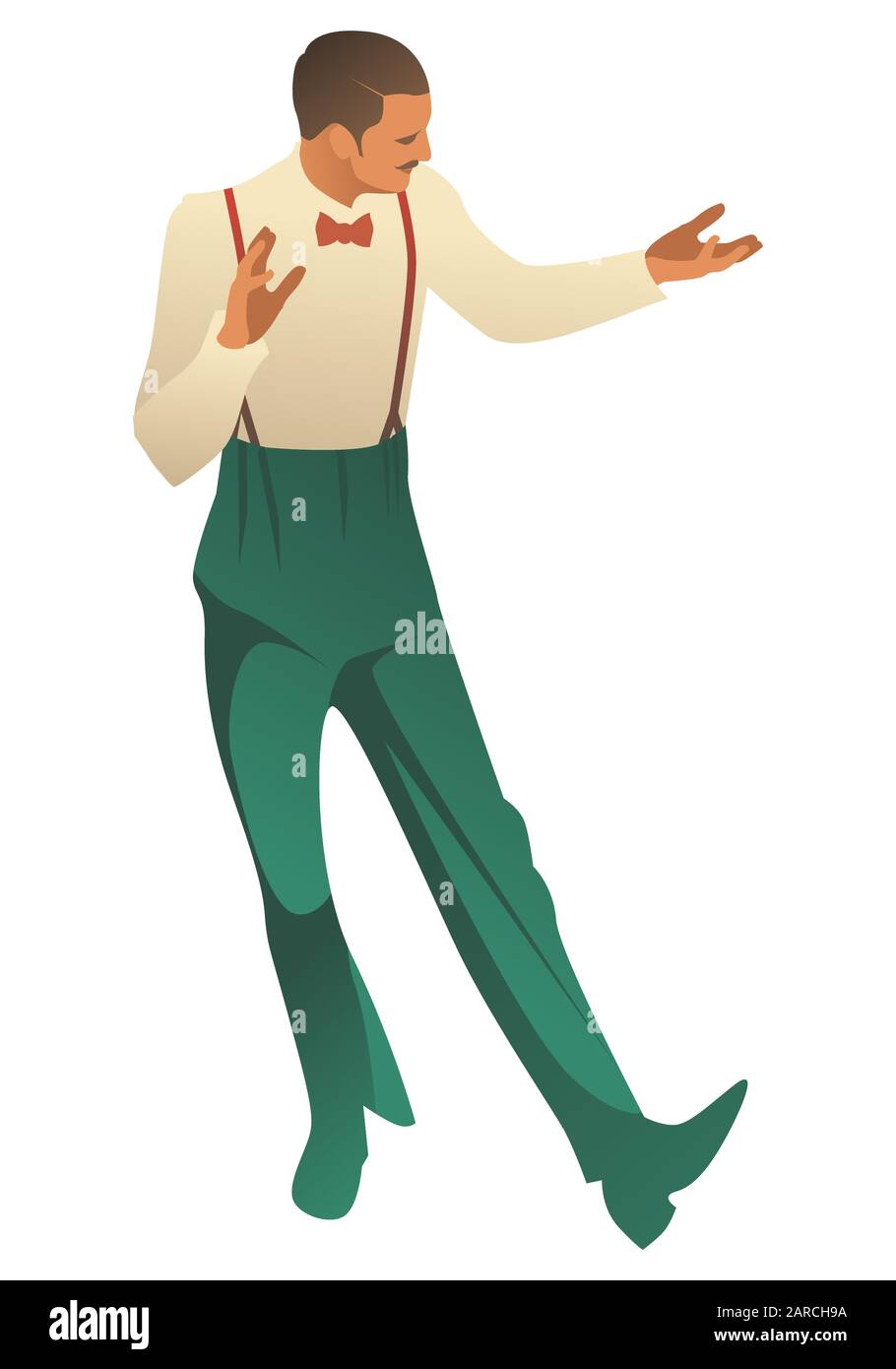 Elegant man wearing vintage style clothes dancing retro dance isolated ...