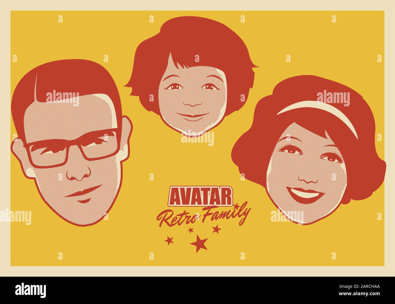 Avatar Retro Family. Cartoon faces woman, man and child retro style ...