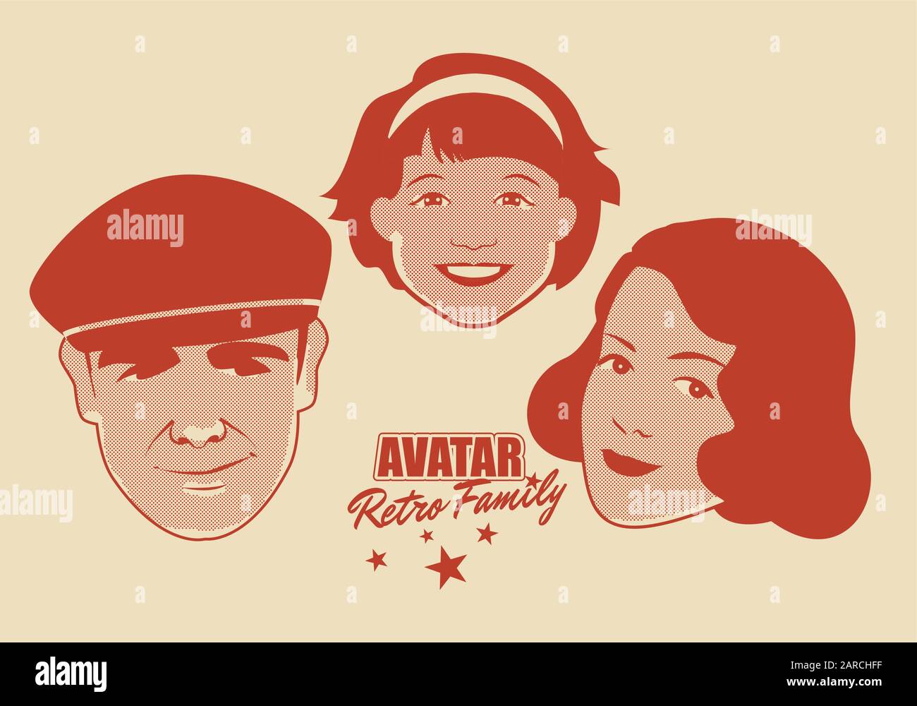 Avatar Retro Family. Cartoon faces woman, man and child retro style ...