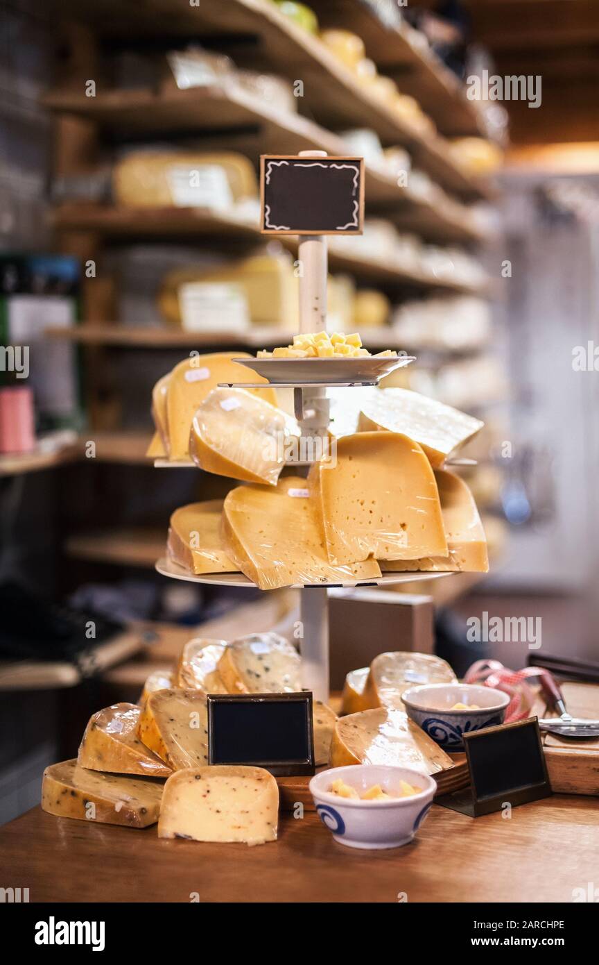 Traditional Dutch cheese displayed for sale in an Amsterdam shop in the ...