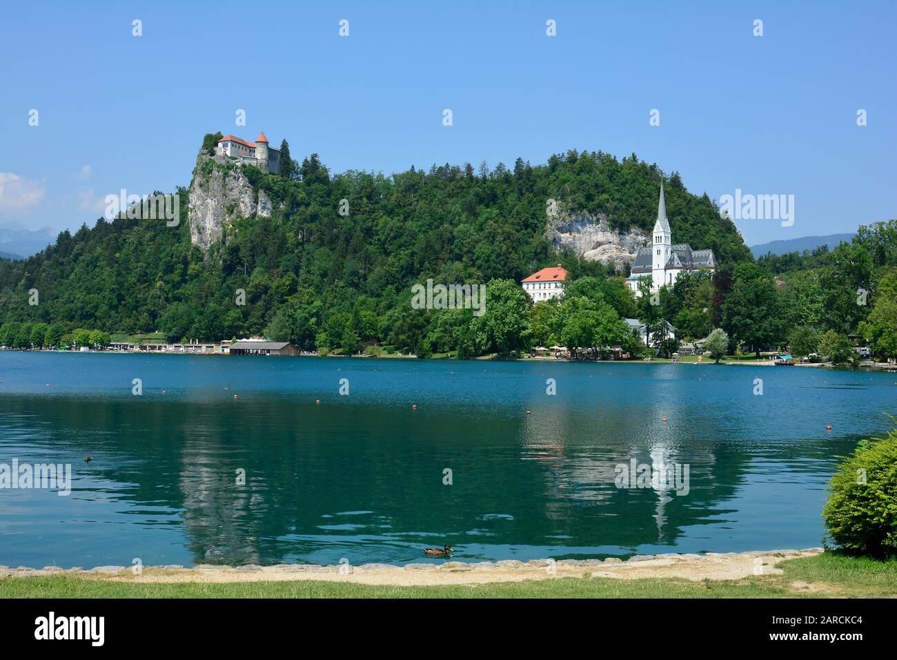 Slovenia, castle Bled aka Blejski Grad and Bled lake aka Blejsko Jezero ...