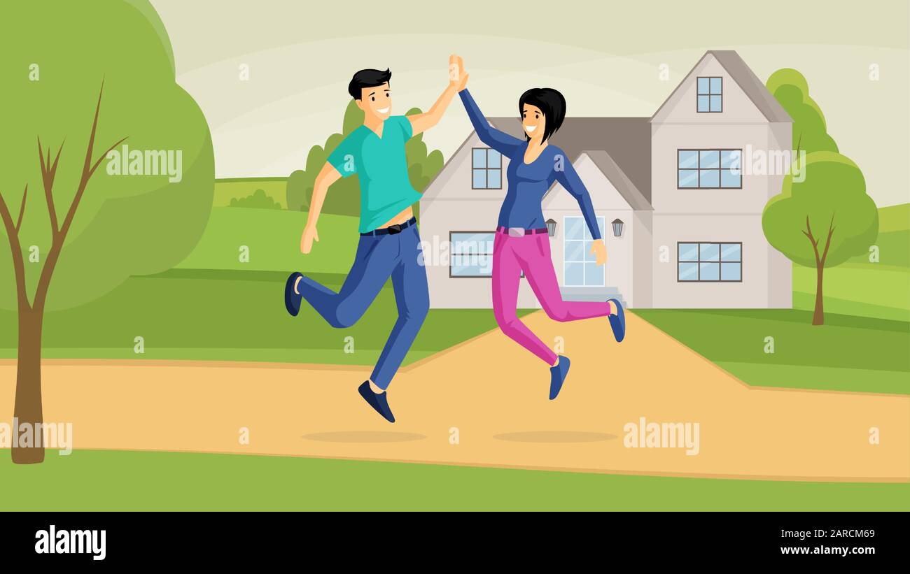 Smiling young couple and country house flat vector illustration ...