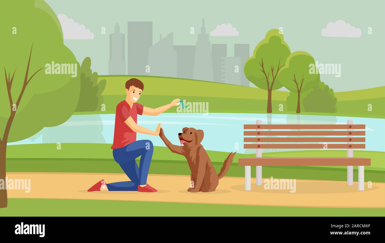 Boy playing with dog outside flat vector illustration. Guy and four ...