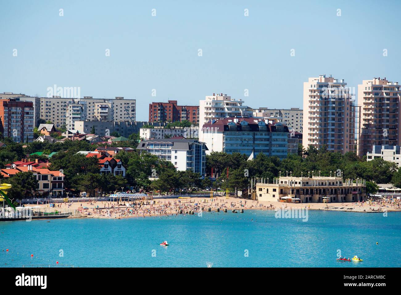 The Central beach of Gelendzhik resort with numerous sunbathers on the ...