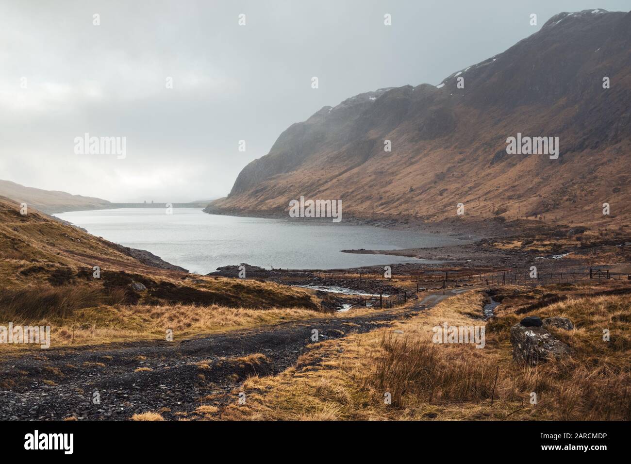 Scottish Lochan na Lairige water reservoir with the Scottish Hydro dam ...