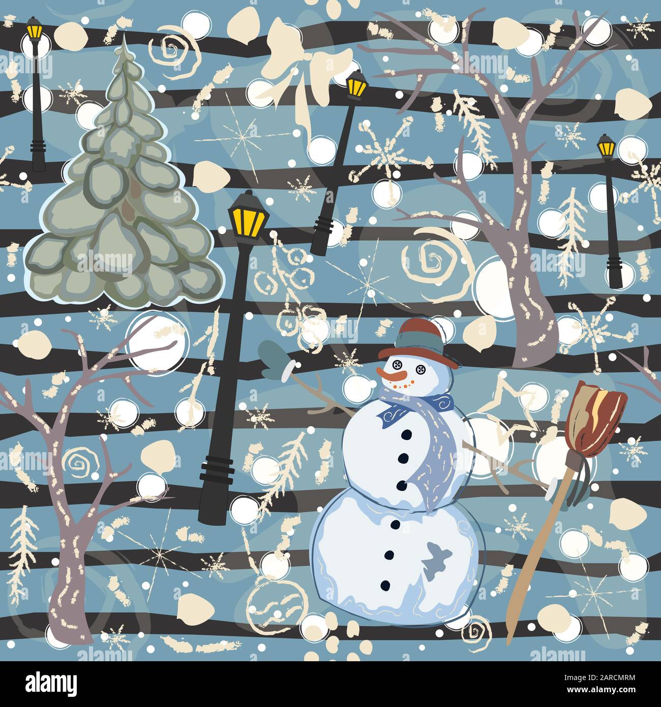 Colorful Seamless Winter Pattern with cute Snowman and Spruce Trees ...